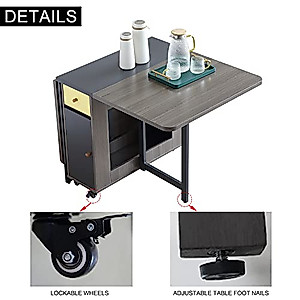 FUNROLUX Folding Dining Table with Storage Rack and 2 Drawers, Movable Kitchen Table Extendable Versatile Table Space Saving Foldable in 3 Forms (Grey)