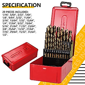 Wakuka Cobalt Drill Bit Set- 29Pcs M35 High Speed Steel Twist Jobber Length for Hardened Metal, Stainless Steel, Cast Iron and Wood Plastic with Metal Indexed Storage Case, 1/16"-1/2"