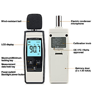 XinJiaYi Decibel Meter, Portable SPL Meter (Sound Pressure Level Meter), Digital Noise Meter, Range 30-130 dB(A) db Meter, Noise Volume Sound Monitoring Tester (Battery Included) Gray