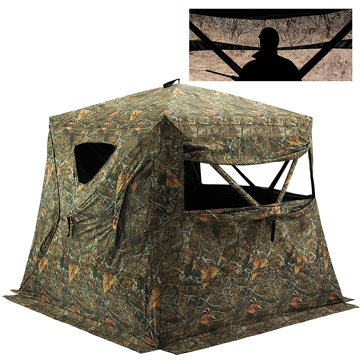 3 Person Silent Hunting Ground Blind 360 Degree One-Way See Through Portable Pop Up Hunting Tent with Frame Door, Carrying Backpack