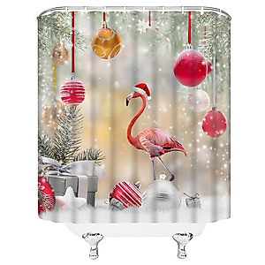 EVRCVAR Christmas Flamingo Shower Curtain Red Christmas Balls Winter Xmas Snowflake Tropical Bird Holiday Bathroom Curtain Fabric with Hooks(70" WX70 H)