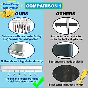 YIIYIIN 17" Premium 304 Stainless Steel Double-Sided Magnetic Knife Holder for Wall or Fridge -with Adhesive Strip, No Drill - 12 Hooks Included for Kitchen Utensils