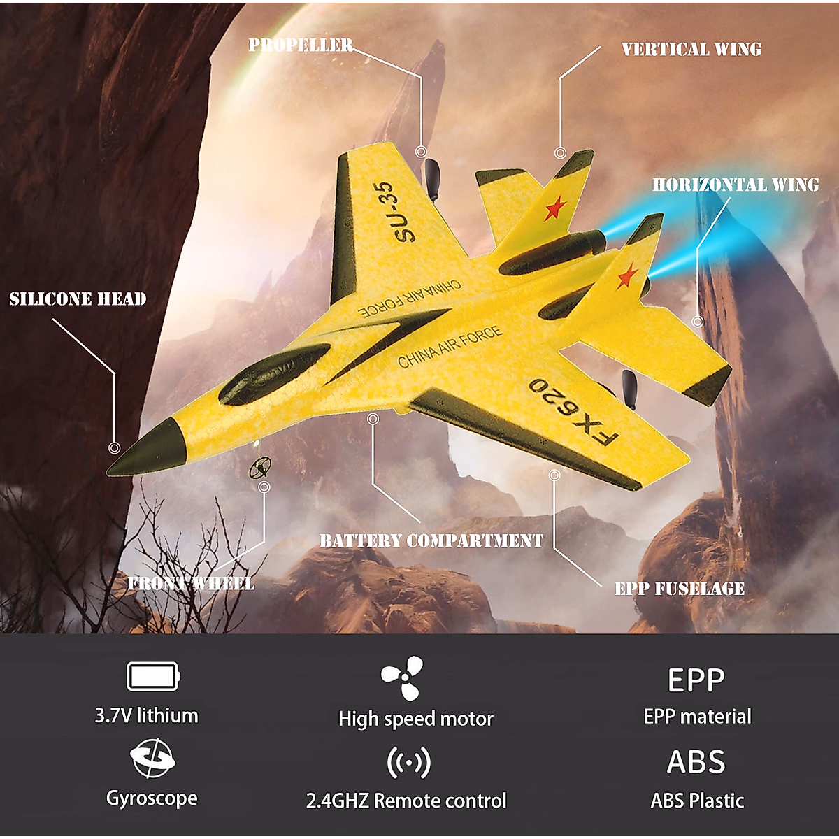 Eayaele SU-35 RC Plane, 2CH Remote Control Airplane, Hobby RC Glider, Ready & Easy to Fly for Beginners, RC Aircraft Jet with Luminous Strip (Yellow)