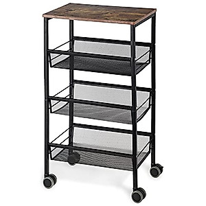 LIANTRAL Rustic Kitchen Storage Cart, 4 Tier Kitchen Cart on Wheels, Metal Mesh Storage Pantry Cart with Lockable Wheels, Wood Look Top and Metal Frame.