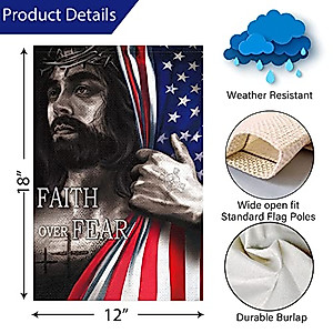 Louise Maelys Jesus American Garden Flag 12x18 Double Sided, Burlap Small Vertical Faith Over Fear God Christian Jesus Cross Religious Religion Yard Flags Banners For Farmhouse Lawn Outdoor Outside Home Easter Decoration (ONLY FLAG)