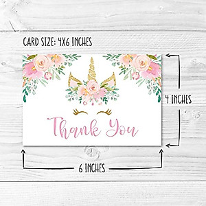 24 Unicorn Baby Shower Thank You Cards With Envelopes, Kids Thank-You Note, 4x6 Gratitude Card Gift For Guest Pack For Party, Birthday, For Girl Children, Cute Magical Pink Floral Event Stationery