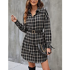 HangNiFang Long Flannel Shirts for Women Button Down Plaid Shirts Dresses Pocketed(0652-Black-XL)