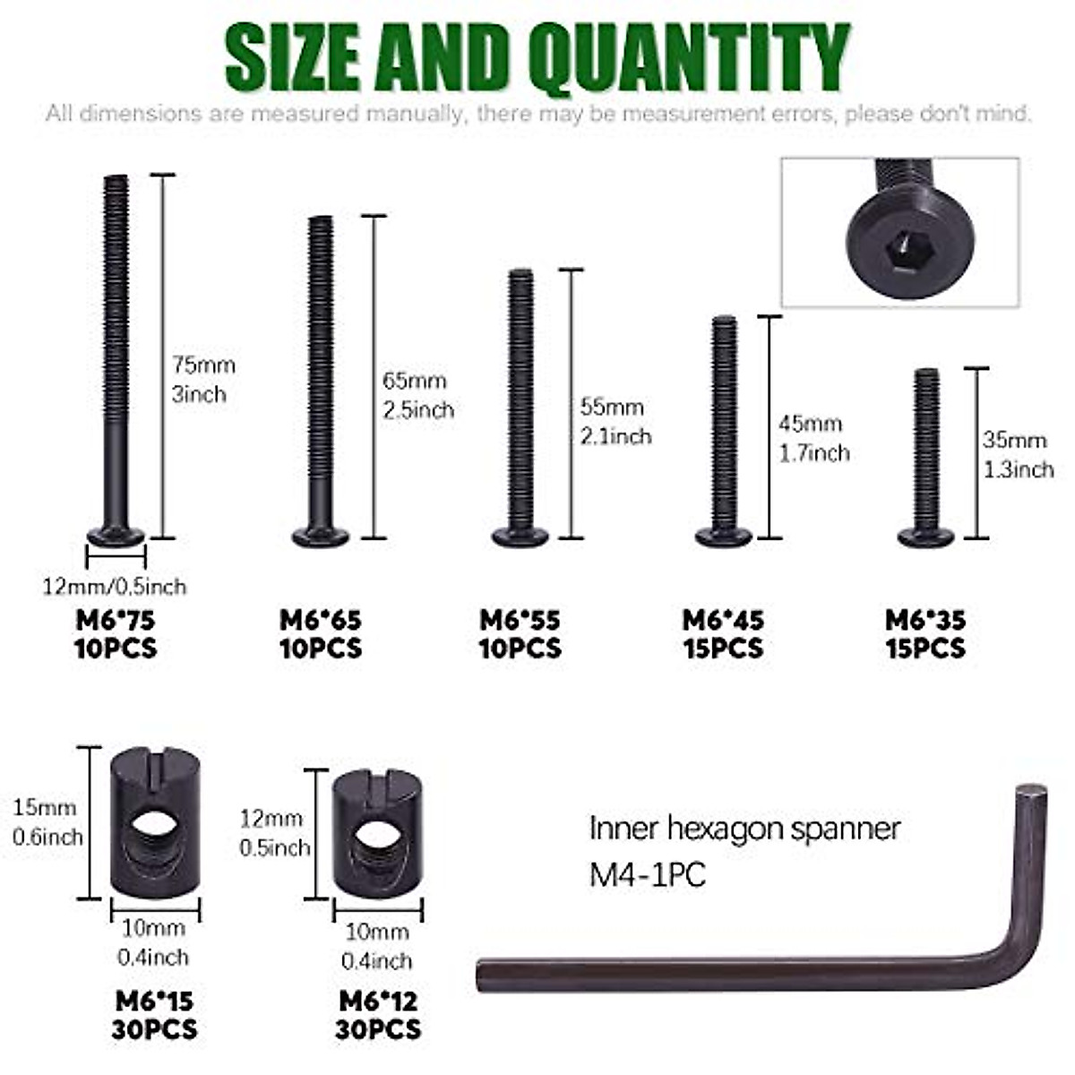 Keadic 122Pcs M6 x 35/45/55/65/75mm Baby Bed Screws Hardware Replacement Kit, Black Hex Socket Cap Bolts Barrel Nuts Assortment Kit for Furniture Cots Beds Crib, 1 Hex Key and Plastic Box for Free