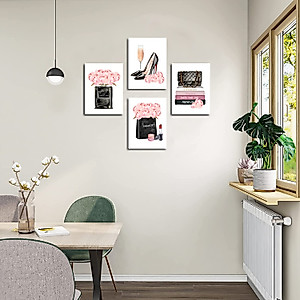 Pink Makeup Room Wall Art Fashion Perfume Flowers Handbag Poster Pictures Canvas Prints Framed for Women Bedroom Rose Gold Room Decor