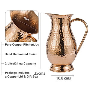 Copper Pitcher with a Lid | Large Size Solid Copper Handcrafted Copper Hammered Jug | Capacity 70 Oz/2000ml | Pure Copper Water Carafe For Home, Hotels & Gifting