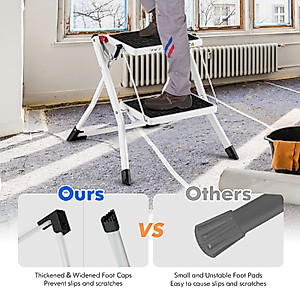 Goplus 2 Step Ladder, Lightweight Folding Step Stool with Anti-slip Pedals, Non-slip Foot Covers, Heavy Duty Metal Stepladder for Household, Kitchen, 330 LBS Weight Capacity, White & Black