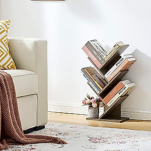 Hoctieon 4 Tier Tree Bookshelf, 4 Shelf Bookcase, Modern Book Storage, Free Standing Tree Bookcase, Utility Organizer Shelves for Home Office, Living Room, Bedroom, Greige