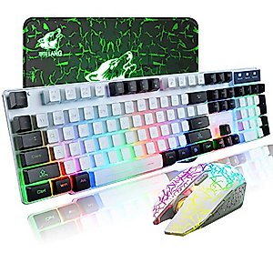 Wireless Gaming Keyboard and Mouse Combo Muti-Color Keycaps Rainbow Backlit Mechanical Feel Keyboard RGB Carck Luminescent Mice Mouse Pad for PC/Mac Gamer, Typist, Travel