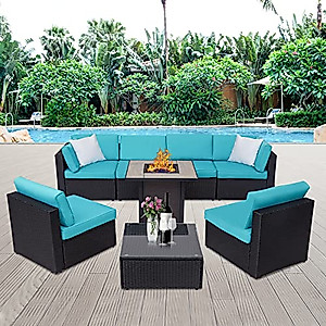 KINTNESS 8-Piece Patio Furniture Sectional Sofa Set w/ 50000 BTU Fire Pit Table, Wicker Rattan Outdoor Conversation Sets CSA Approved Propane Fire Pit (Blue)