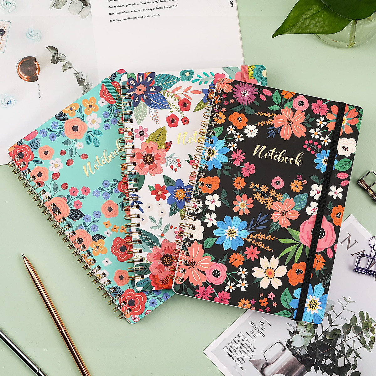 Spiral Notebook - 3 Pack A5 Lined Journal Notebook, Spiral Journal for Women, 5.7" x 8.4", 160 Pages, College Ruled Writing Notebook with Back Pocket, 100gsm Paper, for Office & School