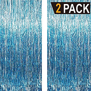 GOER 6.4 ft x 9.8 ft Metallic Tinsel Foil Fringe Curtains,Pack of 2 Party Streamer Backdrop for Birthday,Graduation Decorations and New Year Eve (Light Blue)