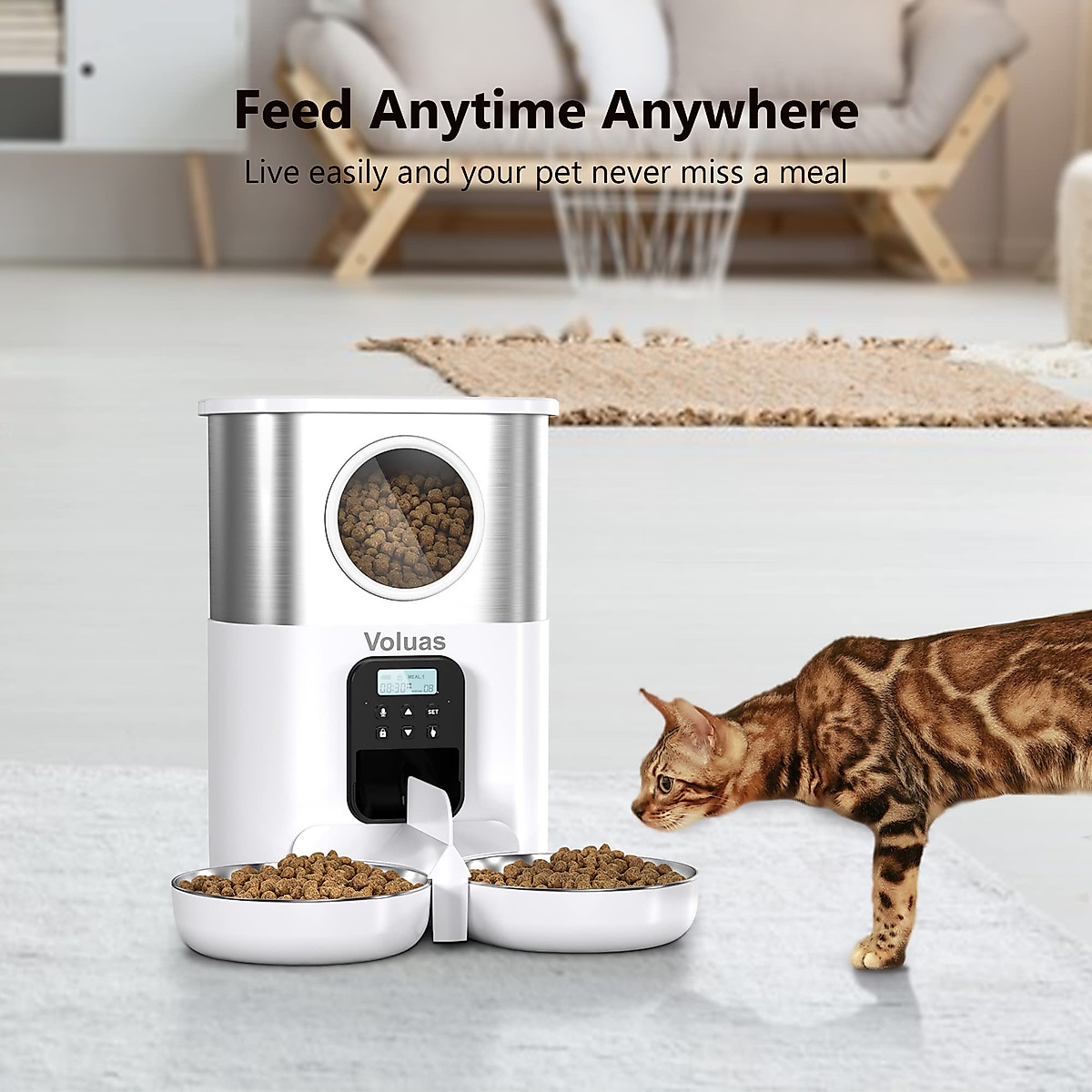 VOLUAS Automatic Cat Feeders for Two Cats, Pet Feeder for Cats and Dogs Timed Cat Feeder Pet Dry Food Dispenser, White