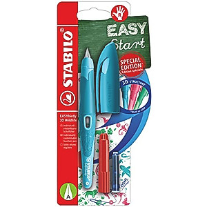STABILO Ergonomic School Fountain Pen EASYbirdy 3D Wildfile Special Edition - Nib A - Right-Handed - Cartridge and Adjustment Tool Included - Blue