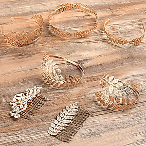 OFNMY 7 Pieces Greek Roman Laurel Leaf Bracelet Armband Golden Laurel Leaves Crown Tiara Costume Accessories Womens Leaf Headband Coil Bracelet Hair Comb Bridal Wedding