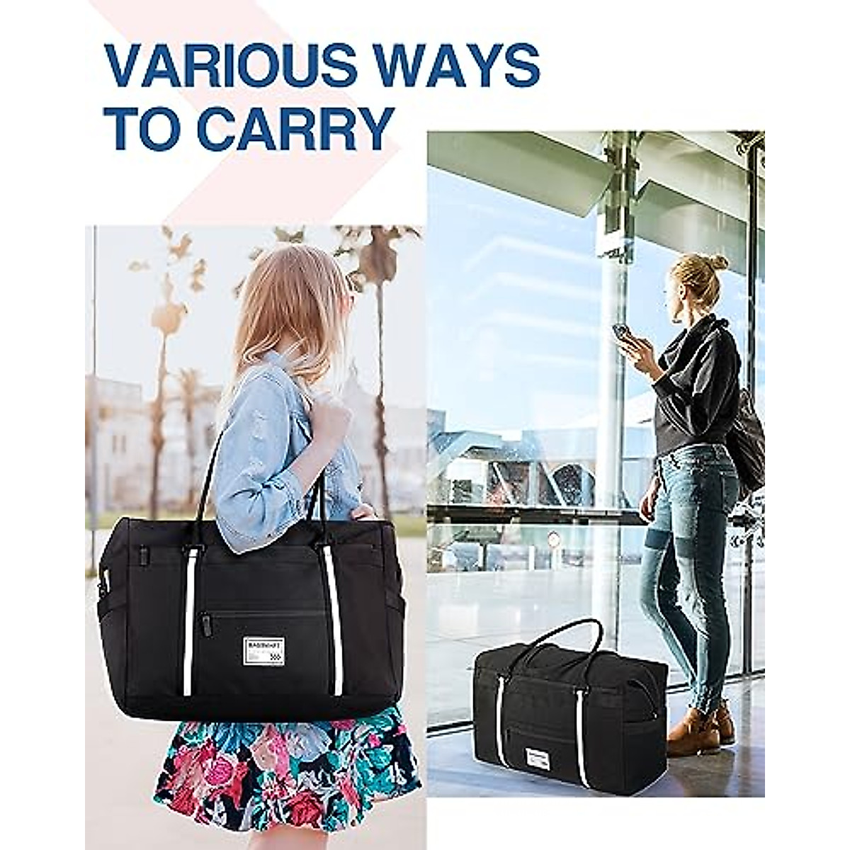 BAGSMART Travel Duffle Bag for Women, Multi Pockets Carry On Weekender Overnight Bag, Foldable Travel Tote Bag for Personal Items, Black