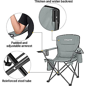 KingCamp Oversized Folding Camping Chair for Adults Portable Outdoor Lawn Heavy Duty with Cooler, Cup Holder, Side Pocket,Carry Bag, 2 Pack, Grey