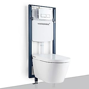 WOODBRIDGE Intelligent Compact Elongated Dual-flush wall hung toilet with Bidet Wash Function, Heated Seat & Dryer. Matching Concealed Tank system and White Marble Stone Slim Flush Plates Included