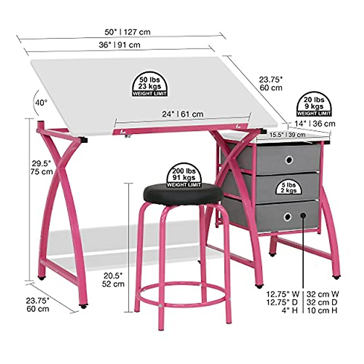 SD STUDIO DESIGNS 2 Piece Comet Center Plus, Craft Table and Matching Stool Set with Storage and Adjustable Top, 50" W x 23.75" D x 29.5" H, Pink/White