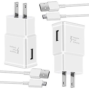 Adaptive Fast Android Charging Wall Charger with 5-Feet Micro USB Cable for Samsung Galaxy S7/S7 E/S6/S6 E/S5/Note5/4 /S4/S3/S2/J7 J7V J5 J3 J3V J2, LG G2 G3 K20, Moto E4 E5 E6, Tablet (2 Pack, White)