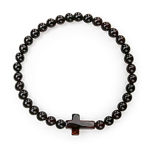 Amber Culture Amber Cross Bracelet - Handmade 5mm Beads 100% Baltic Natural Baltic Amber Stone - Stretch Unisex with Gift Box Dark Cherry Color