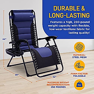 SereneLife Foldable Outdoor Zero Gravity Padded Lawn Chair, Adjustable Steel Mesh Recliners, w/Removable Pillows and Cup Holder Side Tables, One Size, Blue and Black