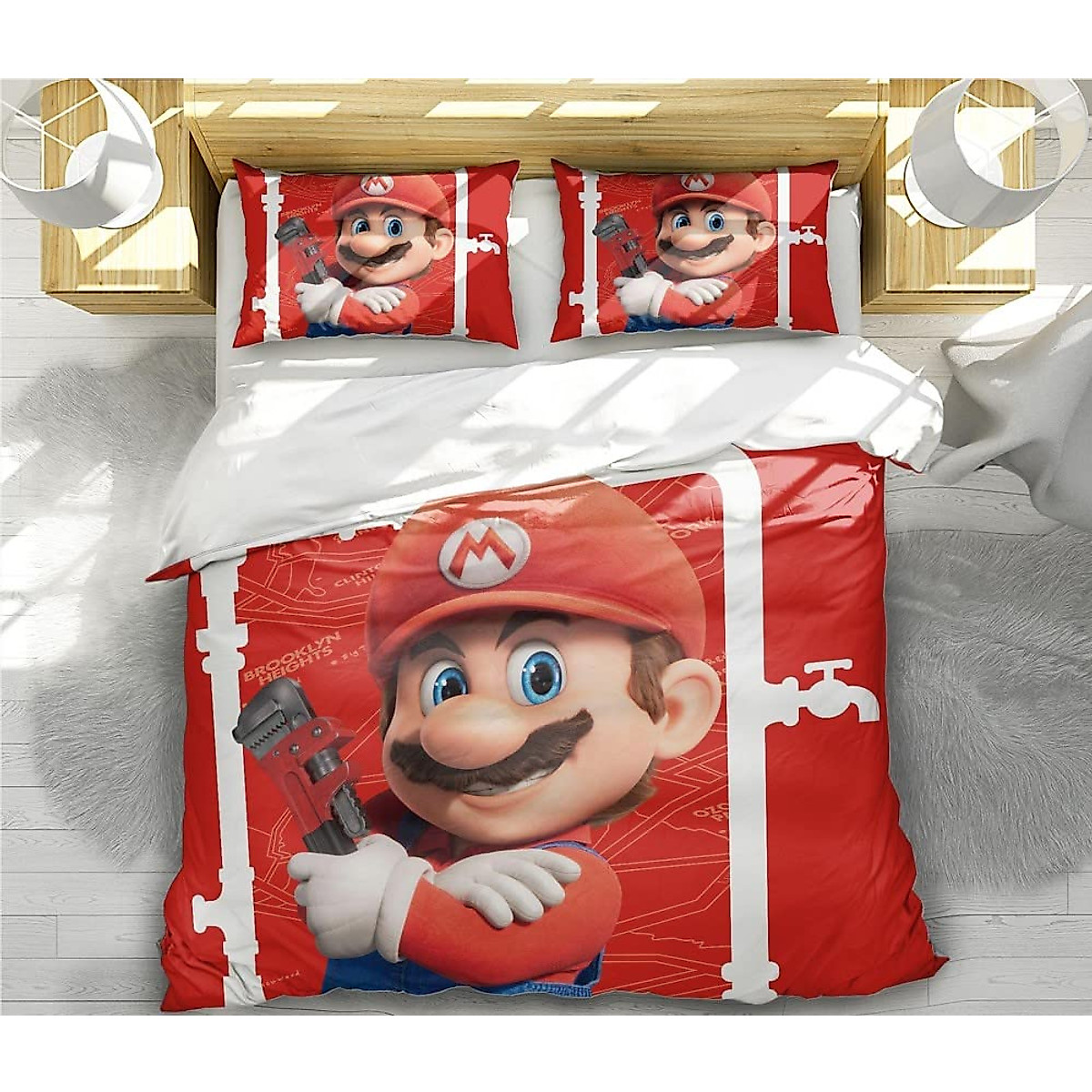 NICHIYOBI Redcap Beard Plumber Bros Game Movie Duvet Cover Set 3D Bedding Comforter Cover 3 Pcs (1 Duvet Cover+2 Pillowcases) Bedding Set (07,Twin-68x86in+20x30in*2)