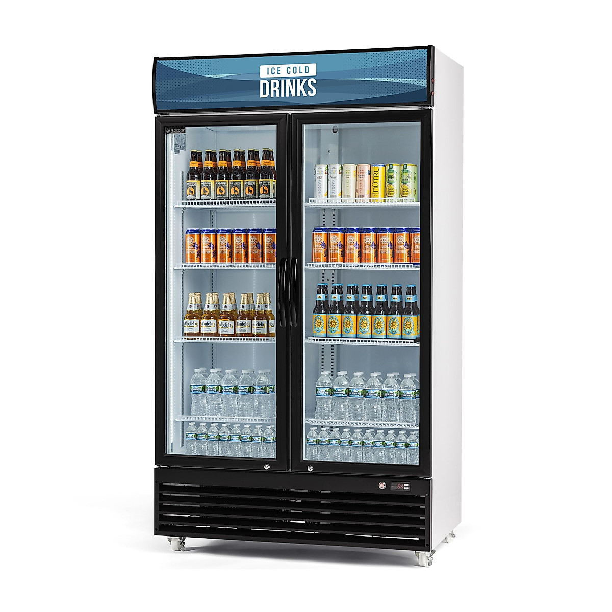 Procool Refrigeration Glass 2 Door Upright Display Cooler "Ice Cold Drinks" Design; 35 Cubic Ft., 45" Wide