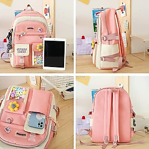 5Pcs Kawaii Backpack Set for School, Cute Aesthetic Backpack with Kawaii Pin and Accessories Bookbags for School Teens (Pink1)