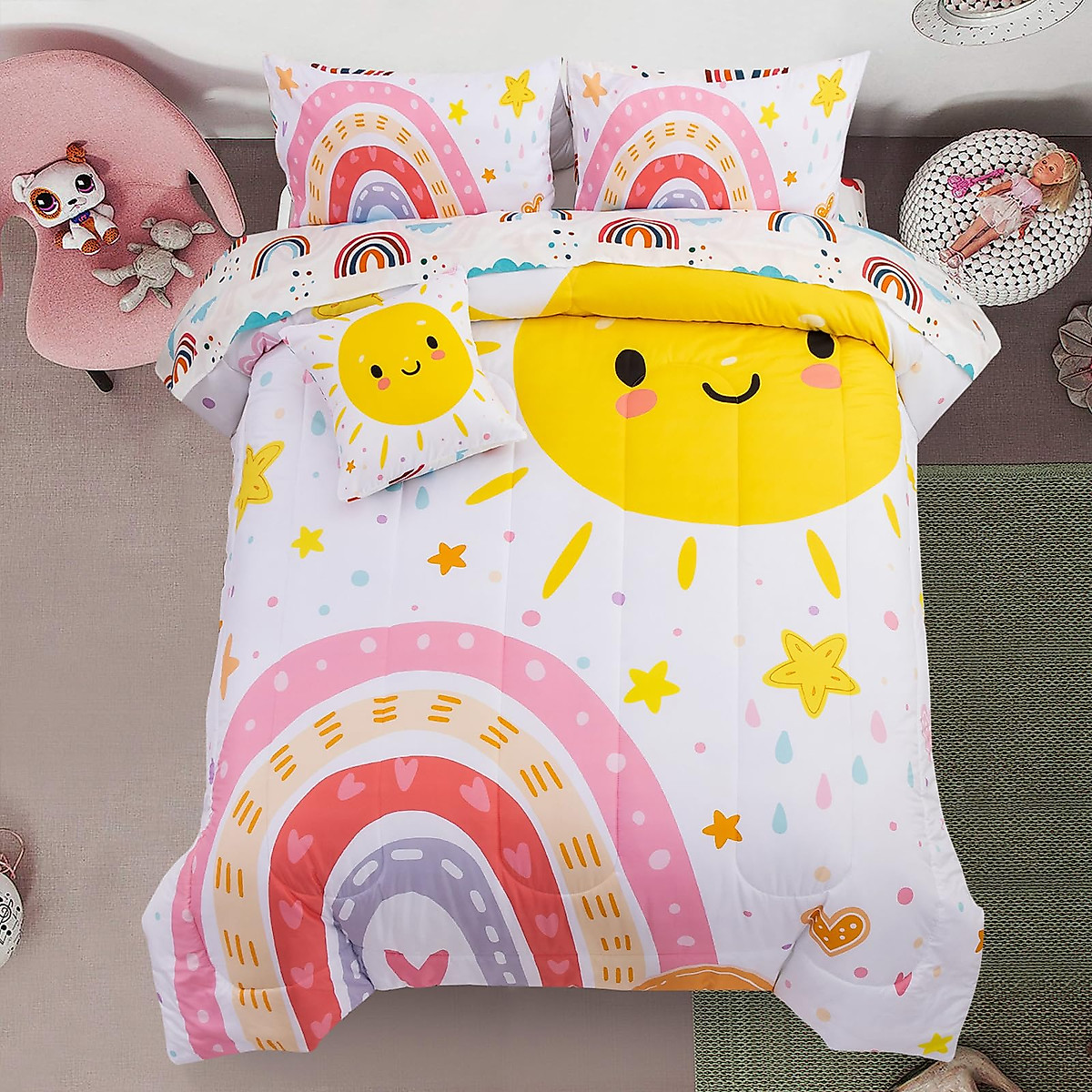 A Nice Night Bedding 6 Pcs Cartoon Rainbow Bedding Set with Smile Sun Printed for Boys Girls Bed Comforter Sets (White, Twin)