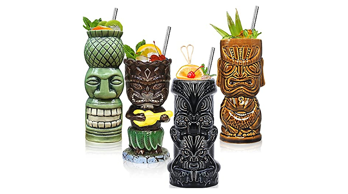 Tiki Glasses for Cocktails - Set of 4 Ceramic Tiki Mugs for Parties