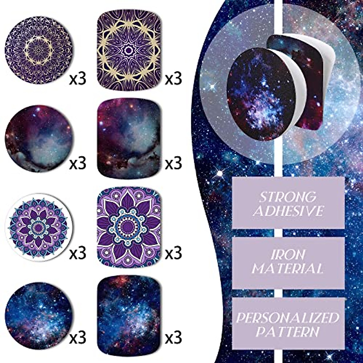Weewooday 24 Pieces Phone Metal Plates Magnetic Mount Metal Plate for All Magnetic Car, Cell Phone, Tablet Holder, 12 Rectangle and 12 Round (Purple and Blue,Delicate Style)