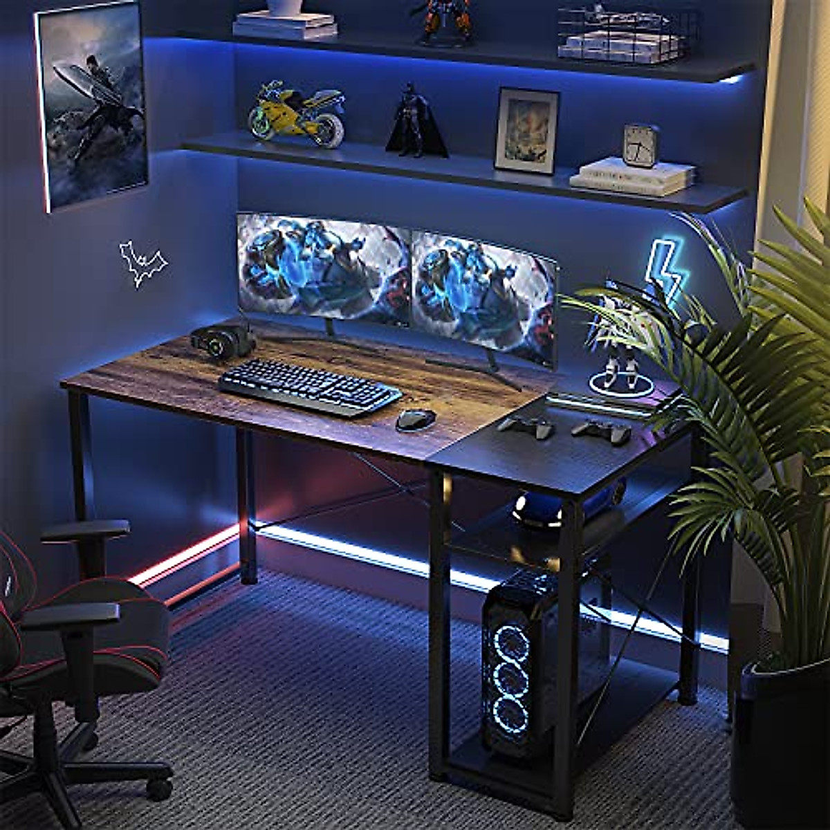 Foxemart Computer Desk 47 Inch Home Office Desk Industrial Sturdy Writing Table with Storage Shelves Modern Simple Style PC Desk for Home Office Study Room Workstation, Rustic Brown and Black