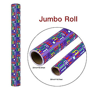 WRAPAHOLIC Reversible Wrapping Paper - 24 inch X 65.6 feet Jumbo Roll Colorful Happy Bot Day Lettering Design, Perfect for Birthday, Party, Holiday, Baby Shower Packing