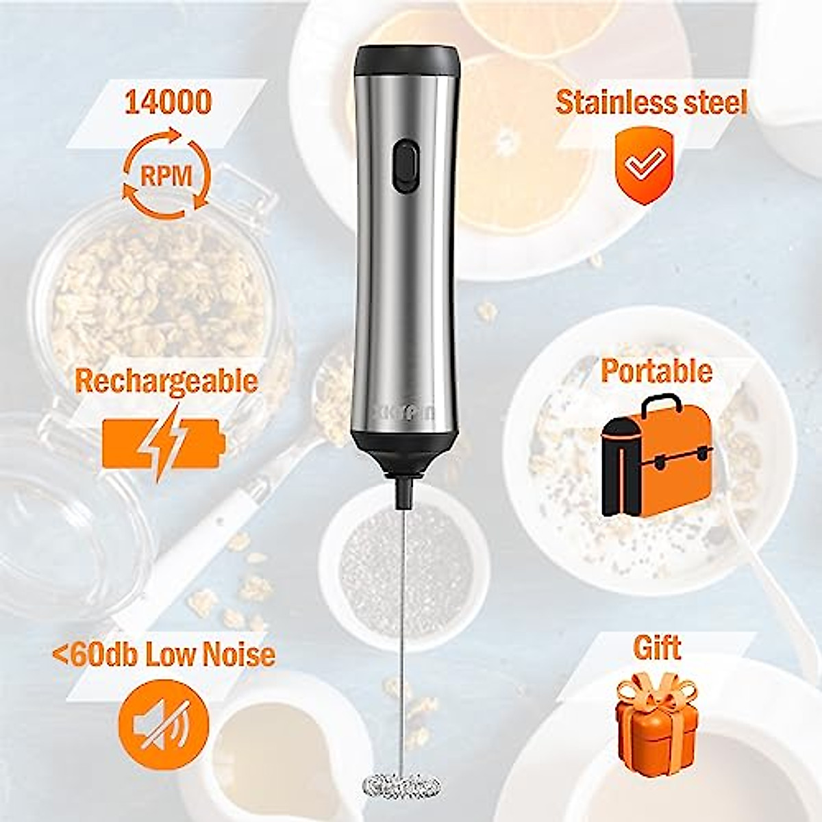 Electric Milk Frother Handheld Stainless Steel Rechargeable 14000 rpm - Perfect Kitchen Gift Hand Frother for Coffee Latte, Cappuccino, Matcha, Hot Chocolate