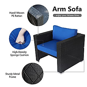 Patio Furniture Set with Ottoman, Outdoor PE Rattan Wicker Conversation Sofa Set W/Ottoman Footstool Set for Garden, Patio, Balcony, Beach, Space Saving Design(Dark Blue Cushion)