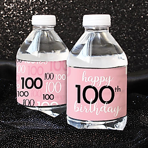 Pink, Black, and White 100th Birthday Party Water Bottle Labels - 24 Waterproof Wrappers - Pink Birthday Decorations for Women