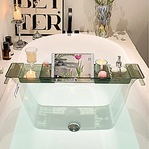 Bathtub Tray Table, Adjustable Bath Tray for Tub, Bath Accessories, Deluxe Bathroom SPA Bath Tray, Expandable Drain Bath Shelf Caddy Tray with Anti-Slip mat, Fits Most Tubs(Transparent Green)