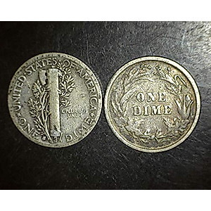 1892 to 1945 PD or S - Set of 2 coins - Mercury and Barber Dimes - 90% Silver - Different Dates from 1892 to 1945 Dimes Seller VG-08 and better