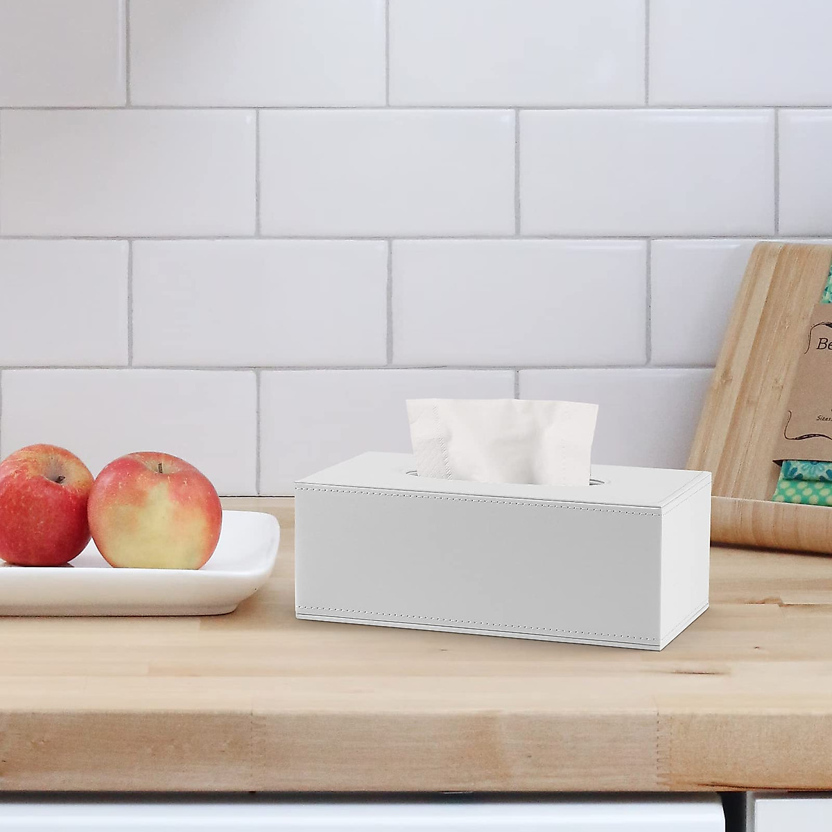 Tissue Box Cover, PU Leather Tissue Box Holder Rectangular Tissue Holders for Home/Office/Car Decoration 9.92"X5.51"X3.62" - White