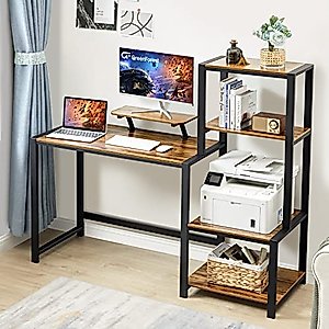 GreenForest Computer Desk 59 inch with Storage Printer Shelf Reversible Home Office Desk with Movable Monitor Stand and 2 Headphone Hooks for Study Writing PC Gaming Working, Walnut