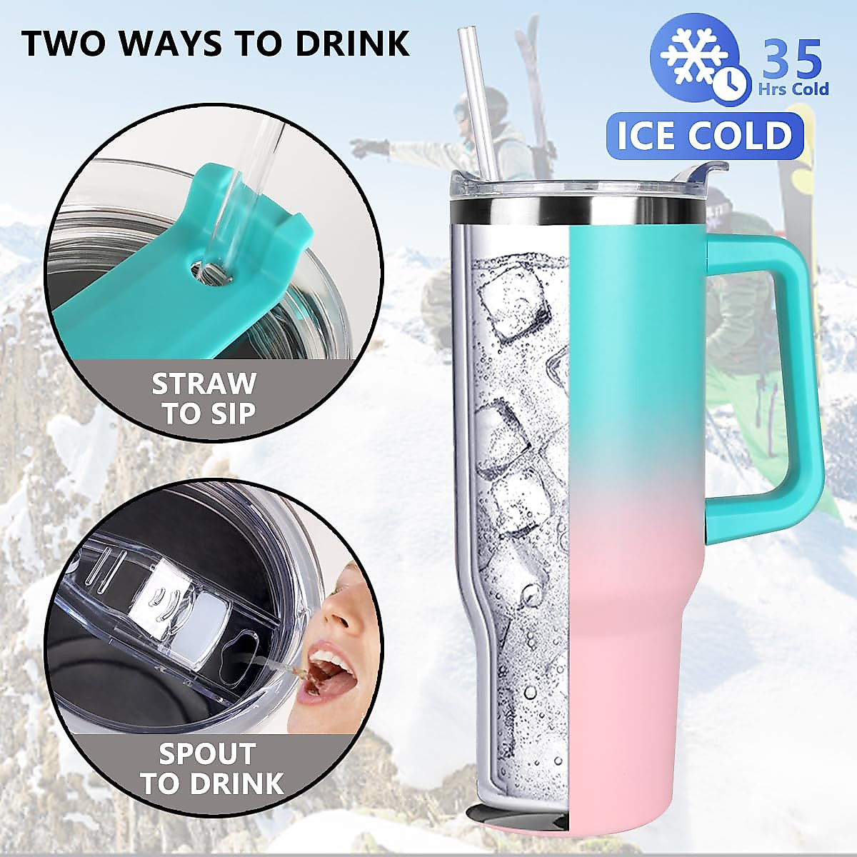 SYACOT 40 oz Tumbler with Handle and Straw Stainless Steel Insulated Tumbler Leak Proof Lid and Straw Lid Reusable Travel Mug Coffee Mug Cup Dishwasher Safe Keep Drinks Cold and Hot (Bubble Gum)