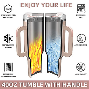 MURRICON 40 oz Tumbler with Handle and Straw,Reusable Vacuum Quencher Tumbler with Lid,Stainless Steel Insulated Travel Mug,for Coffee and Beverages(Rose Quartz)