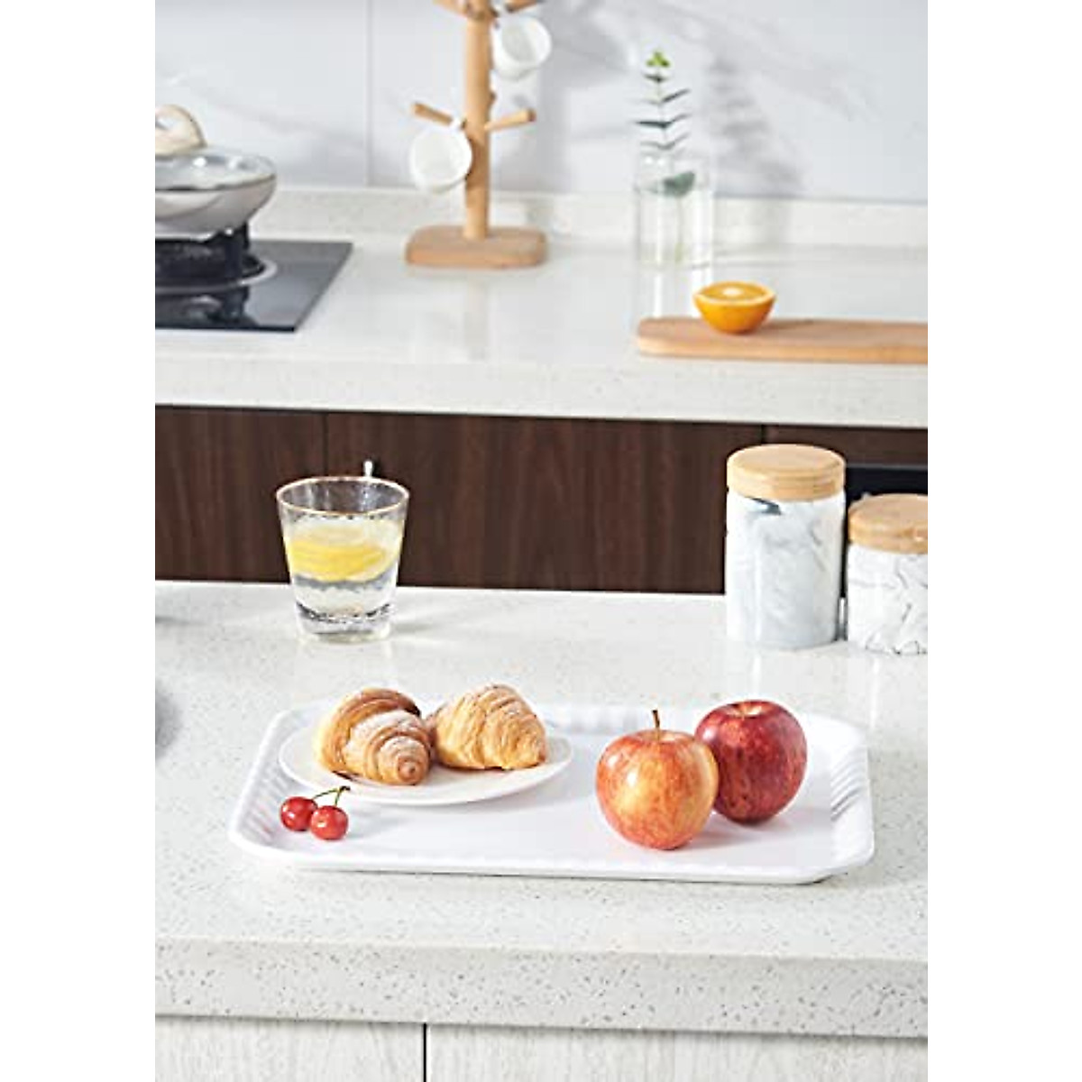 Blue Boat 15" x 11" Rectangular Serving Trays Set of 2 White, Melamine Serving Platter, Light Weight Easy to Clean Sturdy Stackable BPA-Free Dishwasher Safe