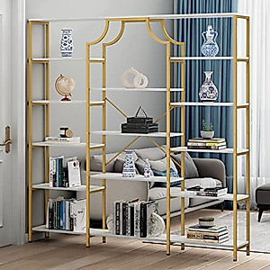 Loomie Triple Wide Bookshelf, 70.87" W/H Large Tall Etagere Bookcase, Modern 13-Open Shelves Geometric Bookshelf, Display Storage Metal Book Case, for Bedroom, Home Office & Living Room, Gold & White