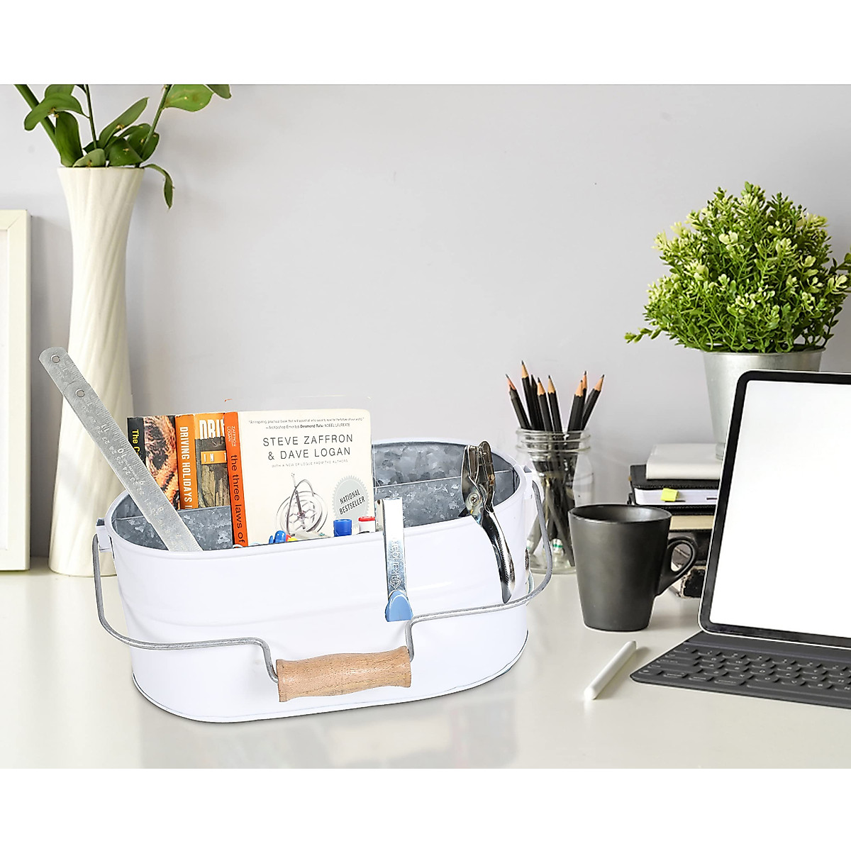 Goroly Home Galvanized Utensil Caddy with Wooden Handle for Kitchen Counter, Silverware Organizer for Flatware, Condiments, Party Supplies - White